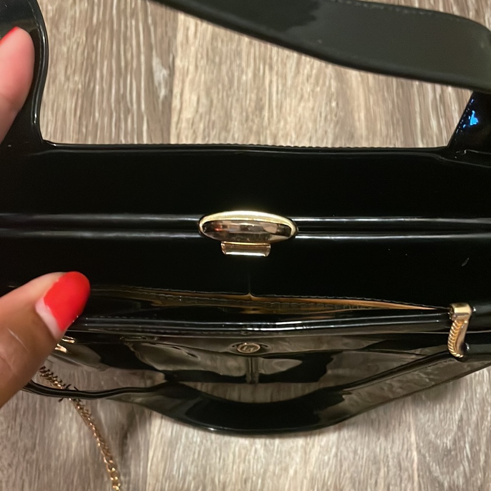Vintage Lou Taylor Shiny Black Patent Leather Handbag… - Gem